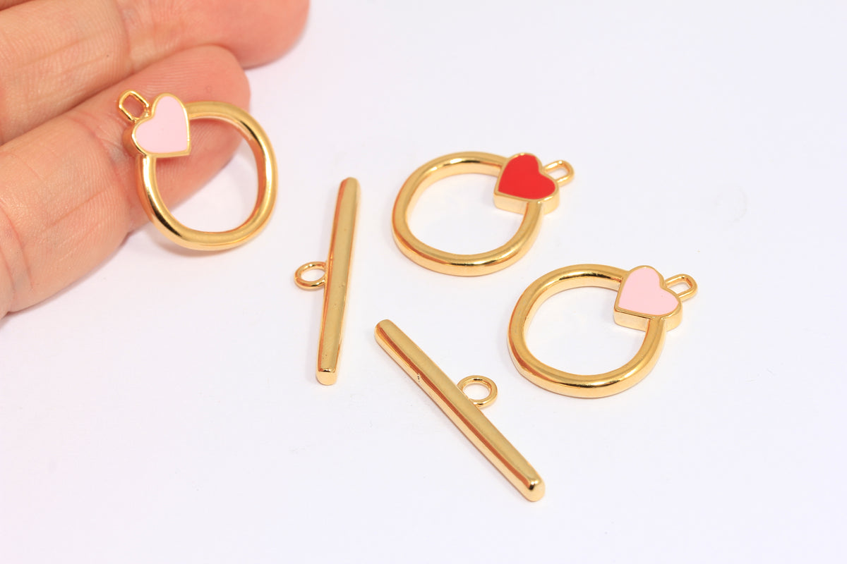 18x20mm 24k Shiny Gold Toggle Clasp, Ring T Bar Fasteners, Enamel Hear ...