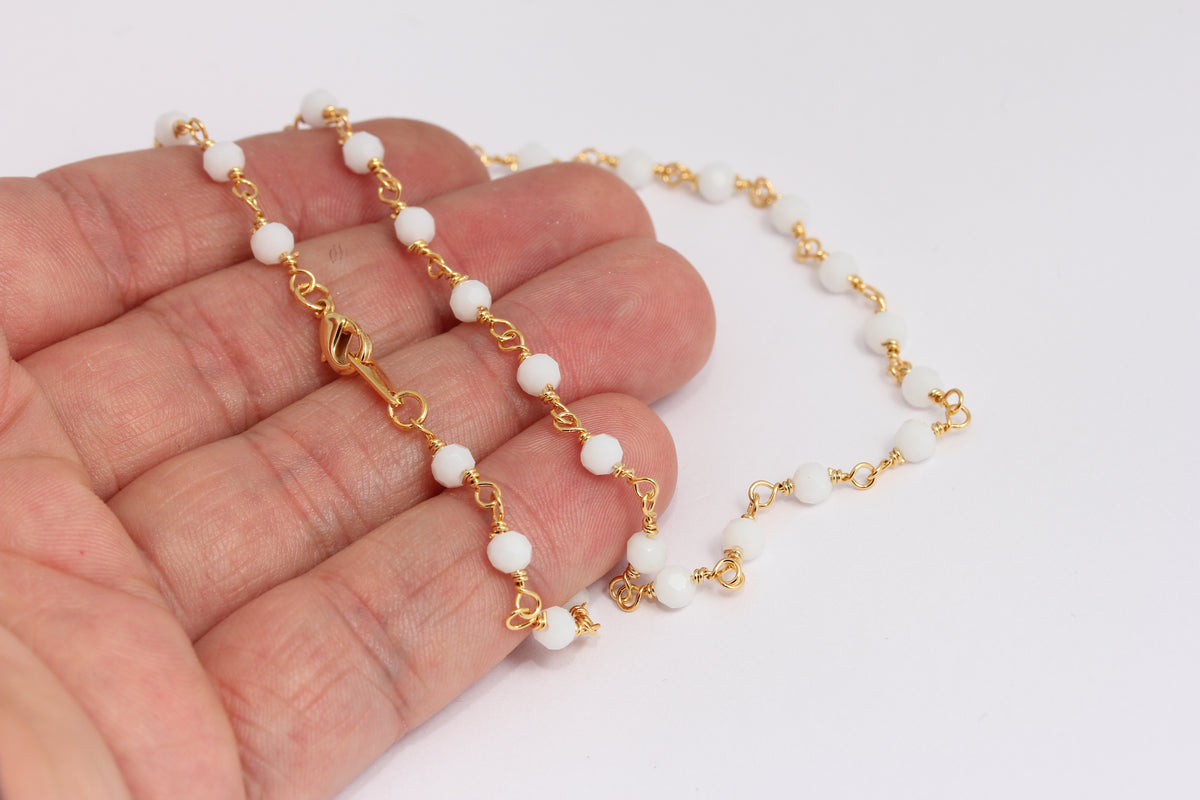 24k Shiny Gold Rosary Necklace, White Rosary Beaded Necklace, BXB395-59 ...