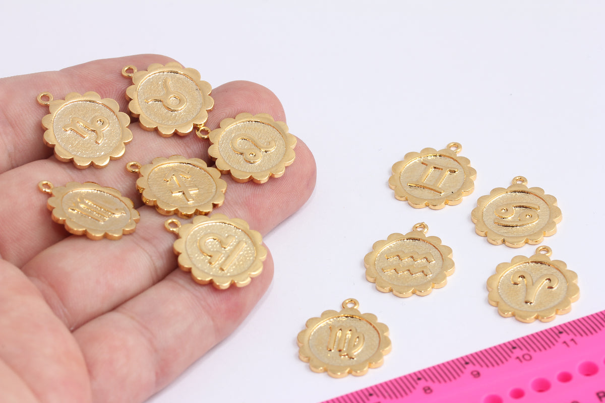 19x22mm 24k Shiny Gold Zodiac Signs, Zodiac Sign, Flower Pendant, Zodi ...
