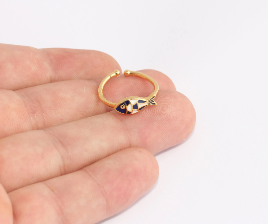 17-18mm 24k Shiny Gold Rings, Blue Enamel Fish Rings, SLM1033 ...