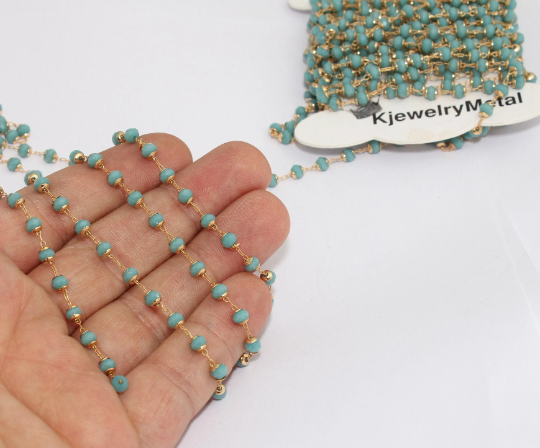 4mm 24k Shiny Gold Crystal Chains, Turquoise Bead Chains, BXB339 ...